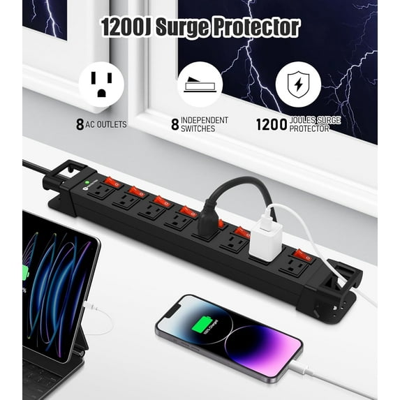 Heavy Duty Power Strip with Individual Switches, 8 Outlets 14 Gauge ...