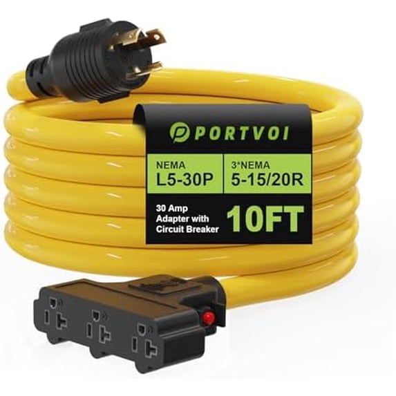 Heavy Duty RV Extension Cord, 10FT 30 Amp NEMA L5-30P to 3X 5-15/20R ...