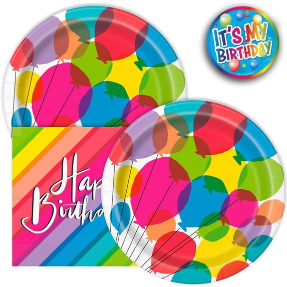 Heavy Duty Rainbow Balloon Designed Birthday Party Plates and Napkins ...