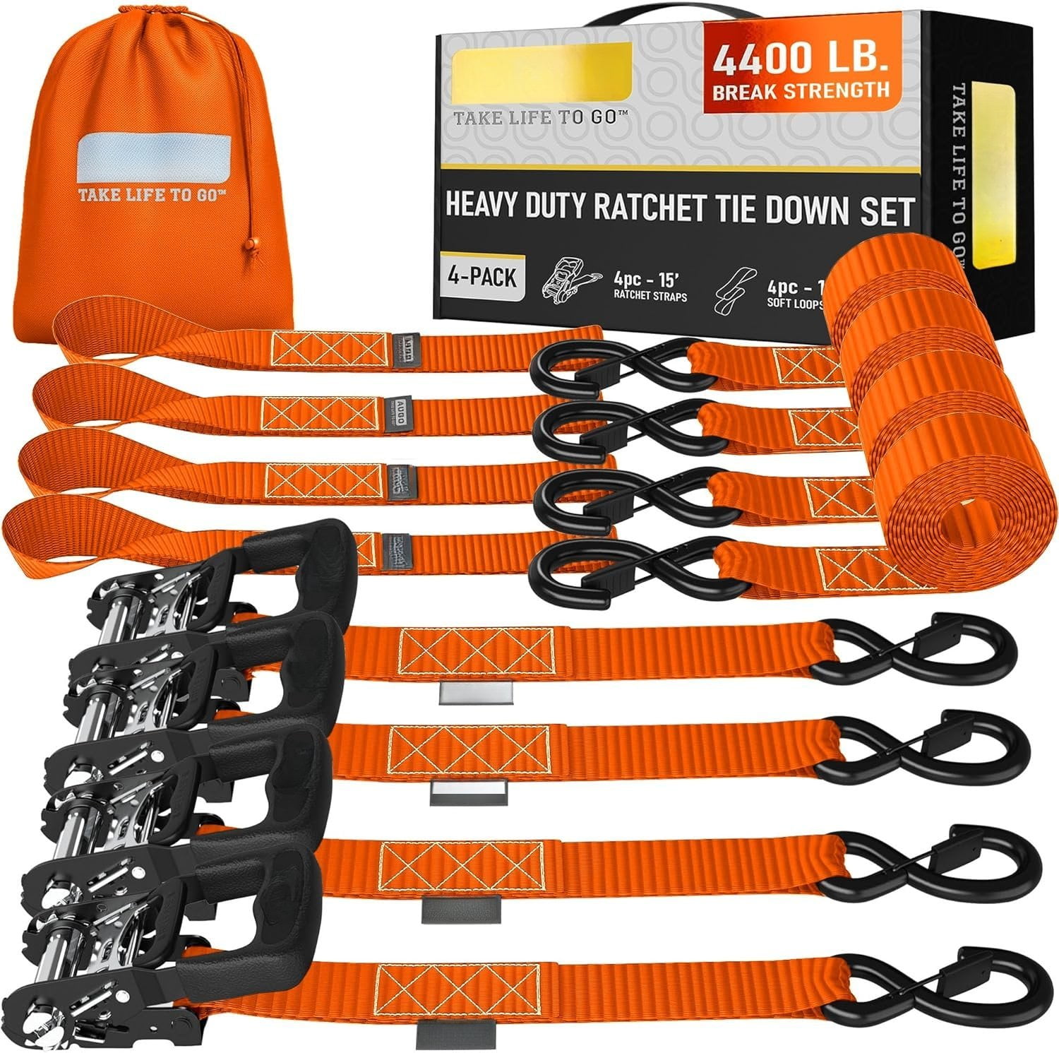 Heavy Duty Ratchet Straps & Soft Loops - Pack of 4 Extra 1.5" by 15 ...