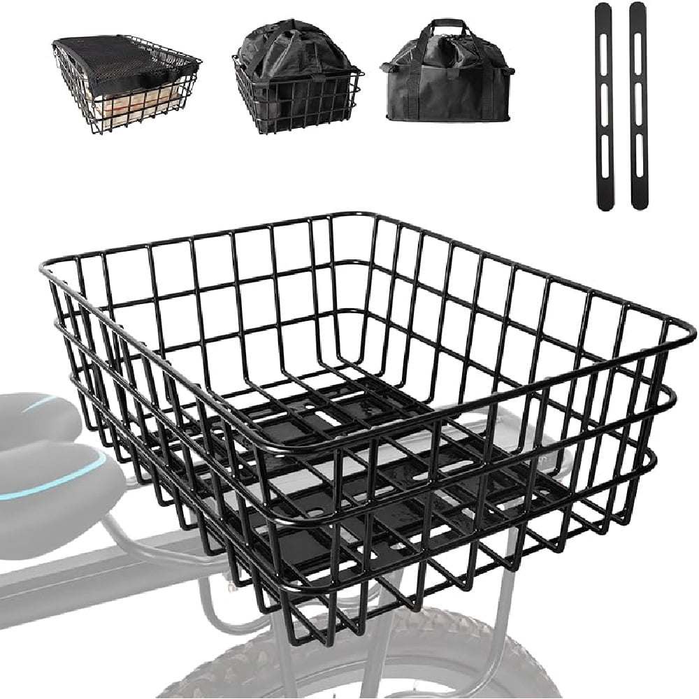 Heavy Duty Rear Bicycle Basket - 110LB Capacity Steel Bike Basket with Cargo Net & Lining, Easy ...