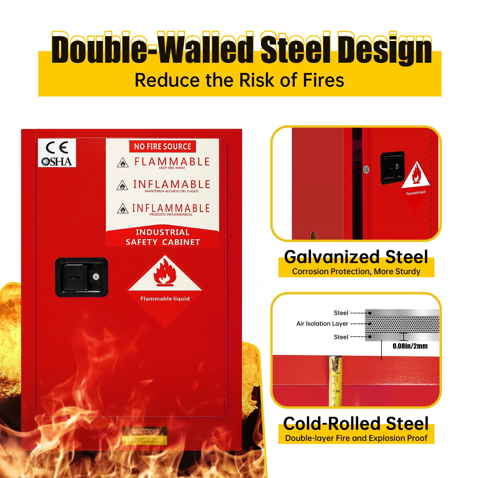 Heavy-Duty Red Fireproof Cabinet for Hazardous Liquids - Double-Wall ...