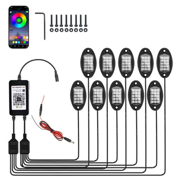 Heavy Duty Off Road Chassis Neon Rock Lights, 10 Pods Set, 11.5 Ft, Multi Color Underglow ...