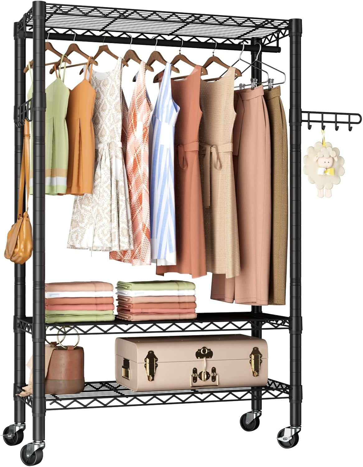 Heavy Duty Rolling Clothes Rack,3 Tier Adjustable Wire Shelving Garment ...