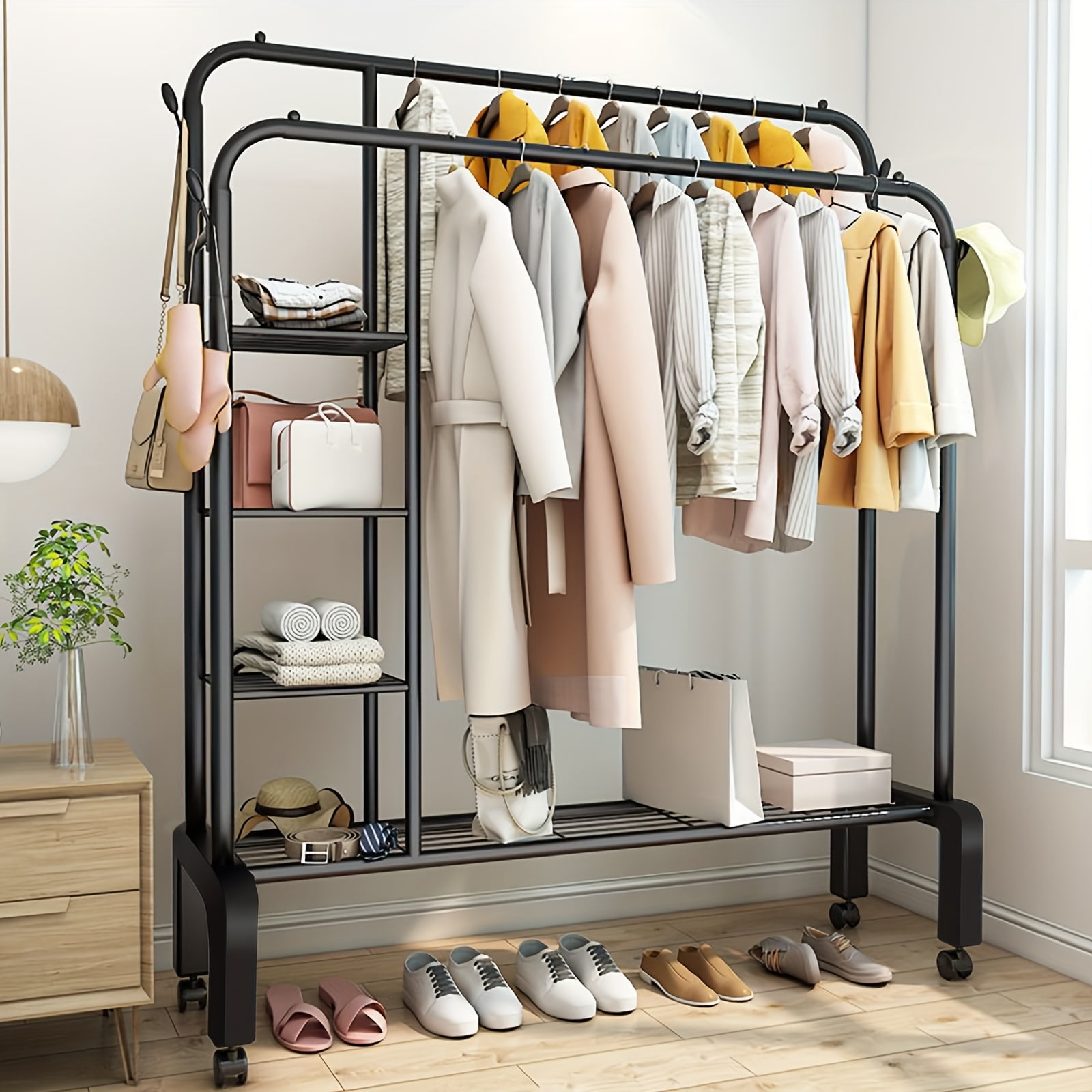 Heavy-Duty Rolling Clothes Rack with Double Hanging Bars - Sturdy Iron ...