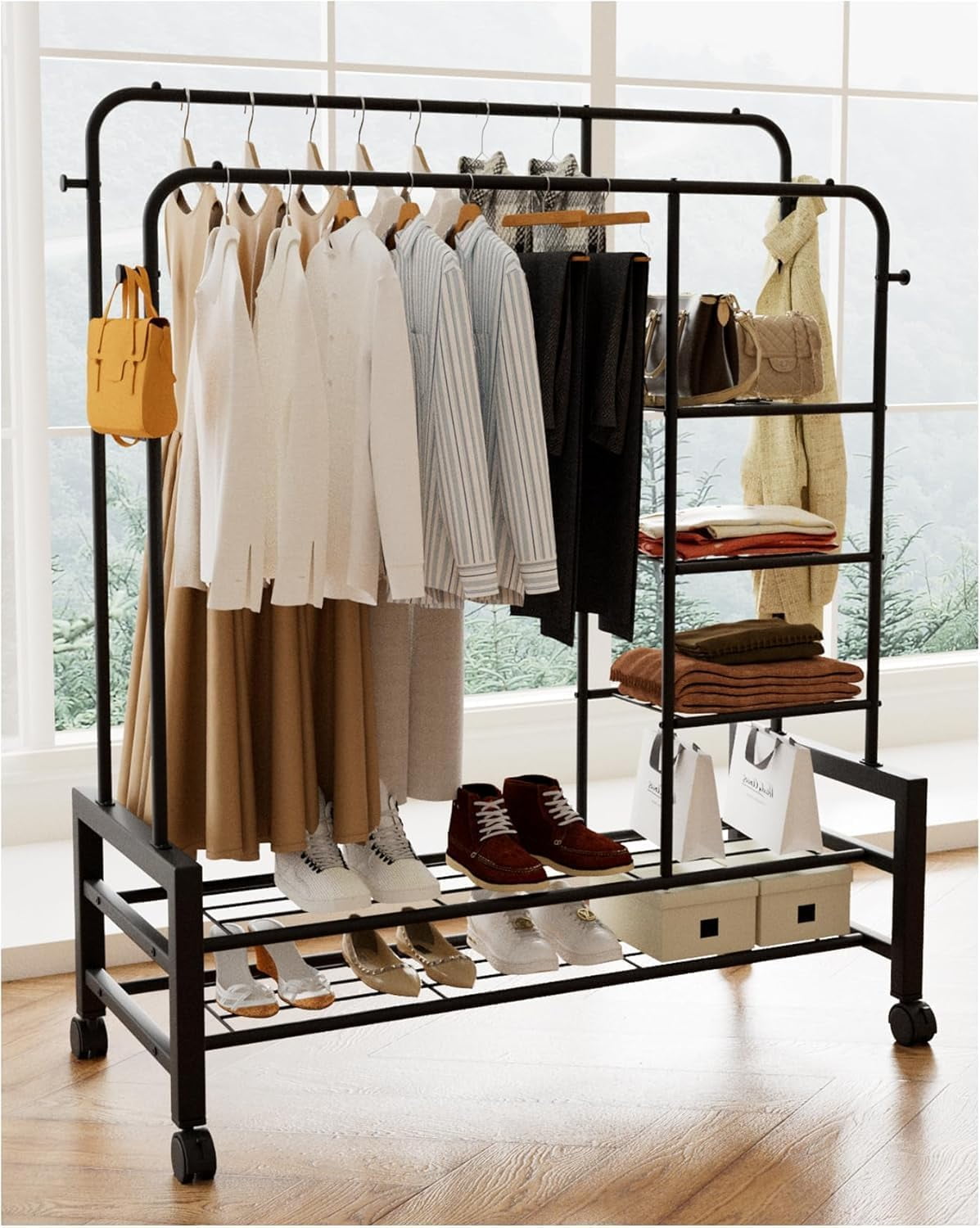 Heavy Duty Rolling Clothes Rack - Double Rod Garment Rack w/Storage ...