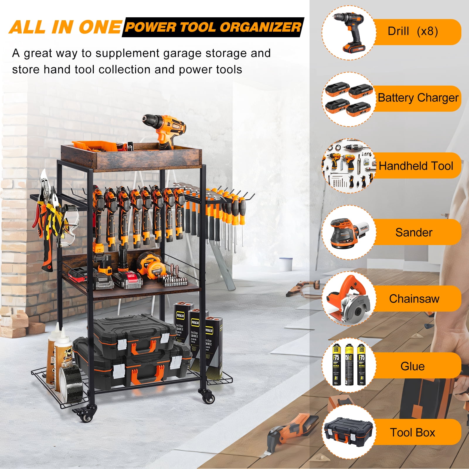 Heavy-Duty Rolling Garage Tool Organizer - Power Tool Storage with ...
