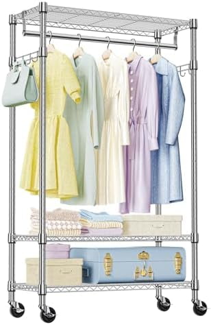 Heavy Duty Rolling Garment Rack with 3 Adjustable Wire Shelves, Hanging ...