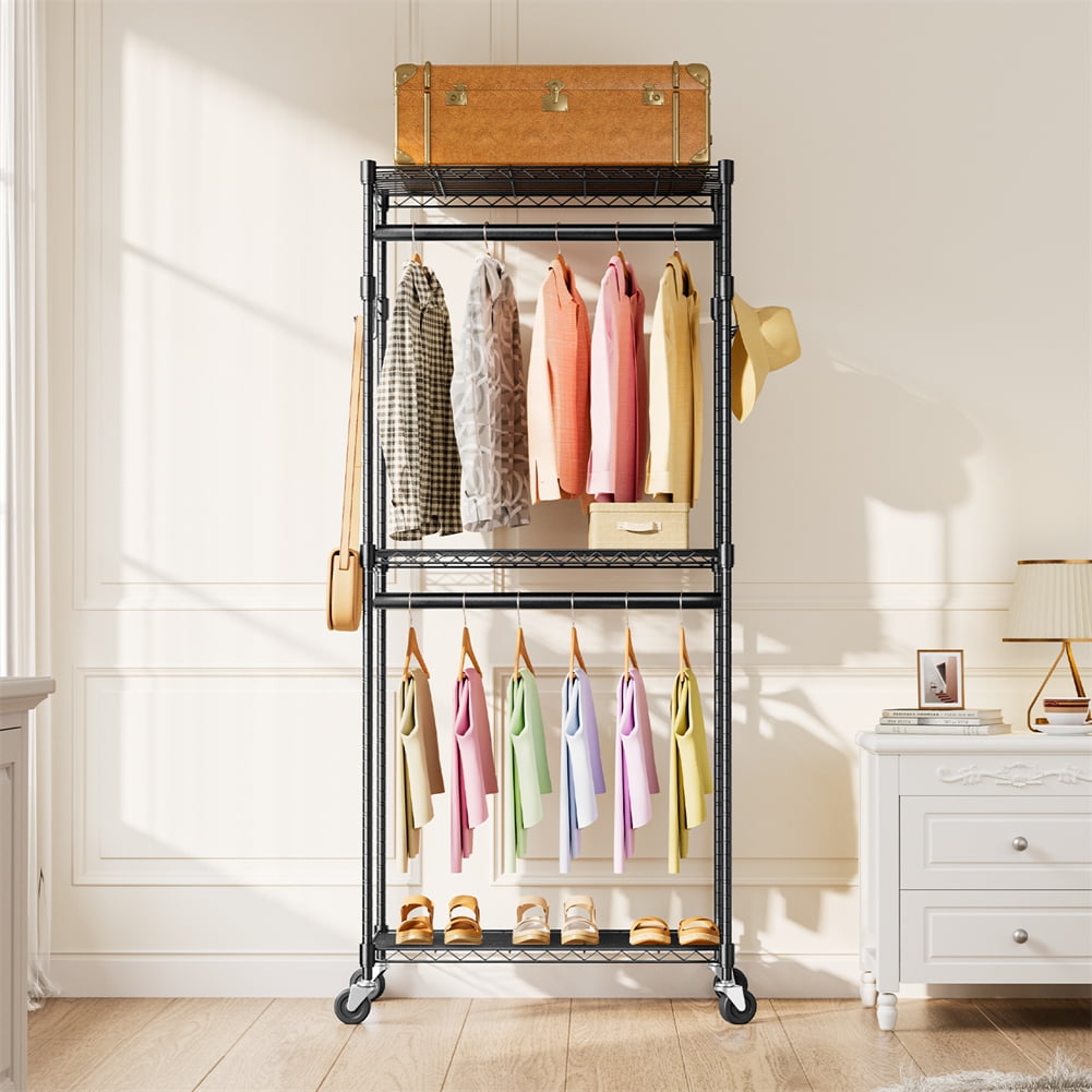 Heavy Duty Rolling Garment Rack, 3 Tiers Adjustable Wire Clothes ...