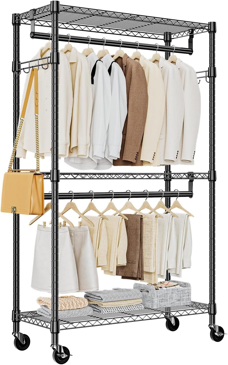 Heavy Duty Rolling Garment Rack 3 Tiers Adjustable Wire Shelving ...