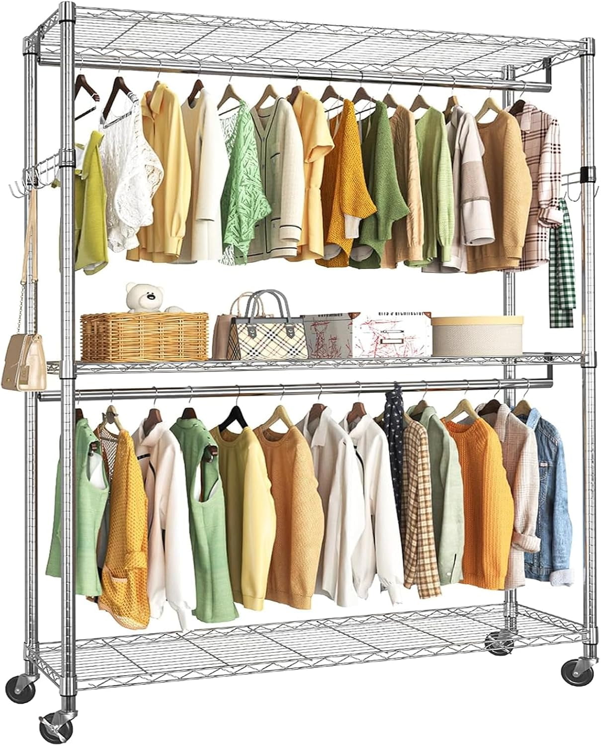 Heavy Duty Rolling Garment Rack 3 Tiers Adjustable Wire Shelving ...