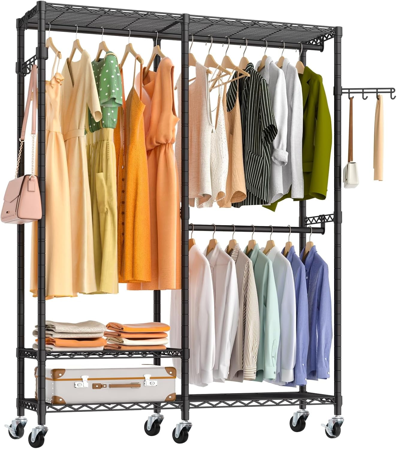 Heavy Duty Rolling Garment Rack, 3 Tiers Height Wire Adjustable Rolling ...