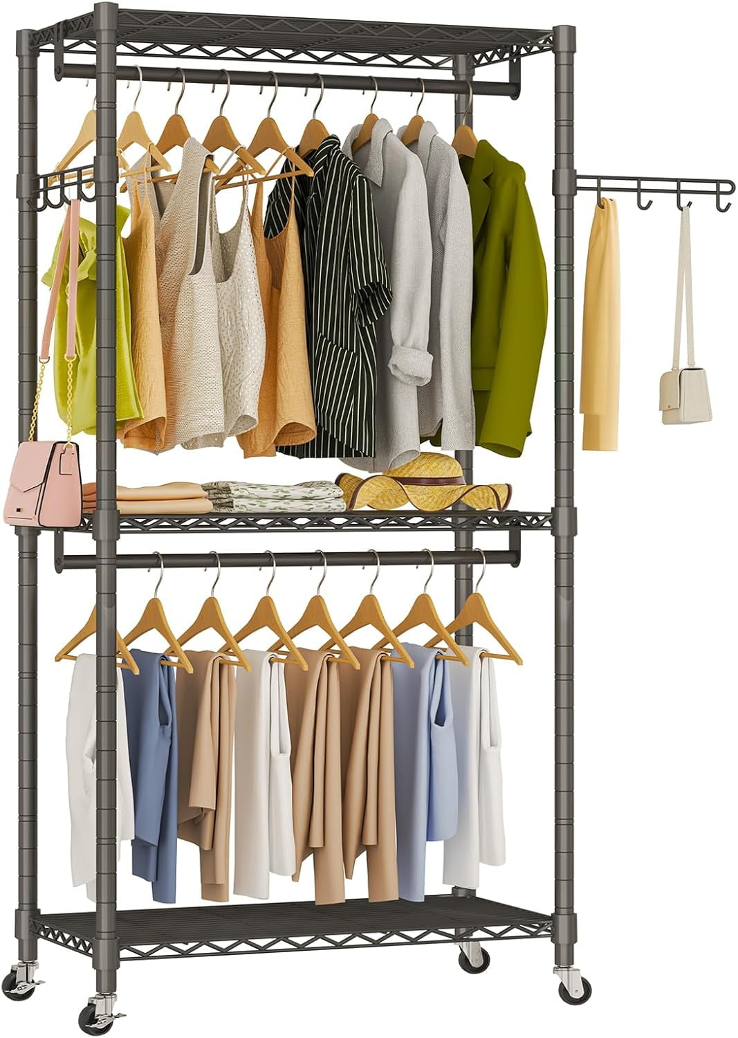 Heavy Duty Rolling Garment Rack, 3 Tiers Wire Shelves Adjustable ...