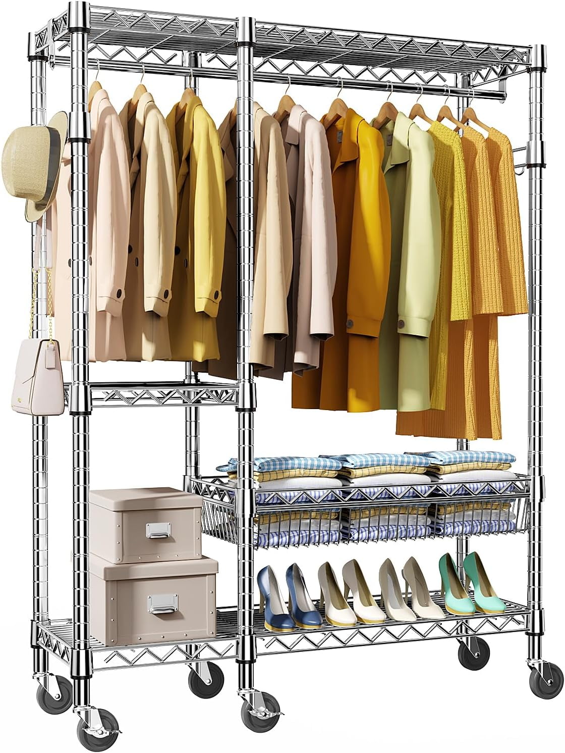 Heavy Duty Rolling Garment Rack 4 Tiers Adjustable Wire Shelving ...