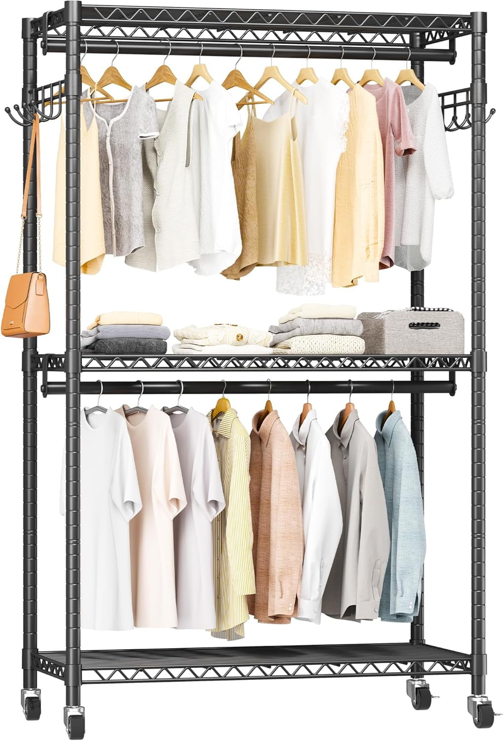 Heavy Duty Rolling Garment Rack with Adjustable Wire Shelving, 3 Tiers ...