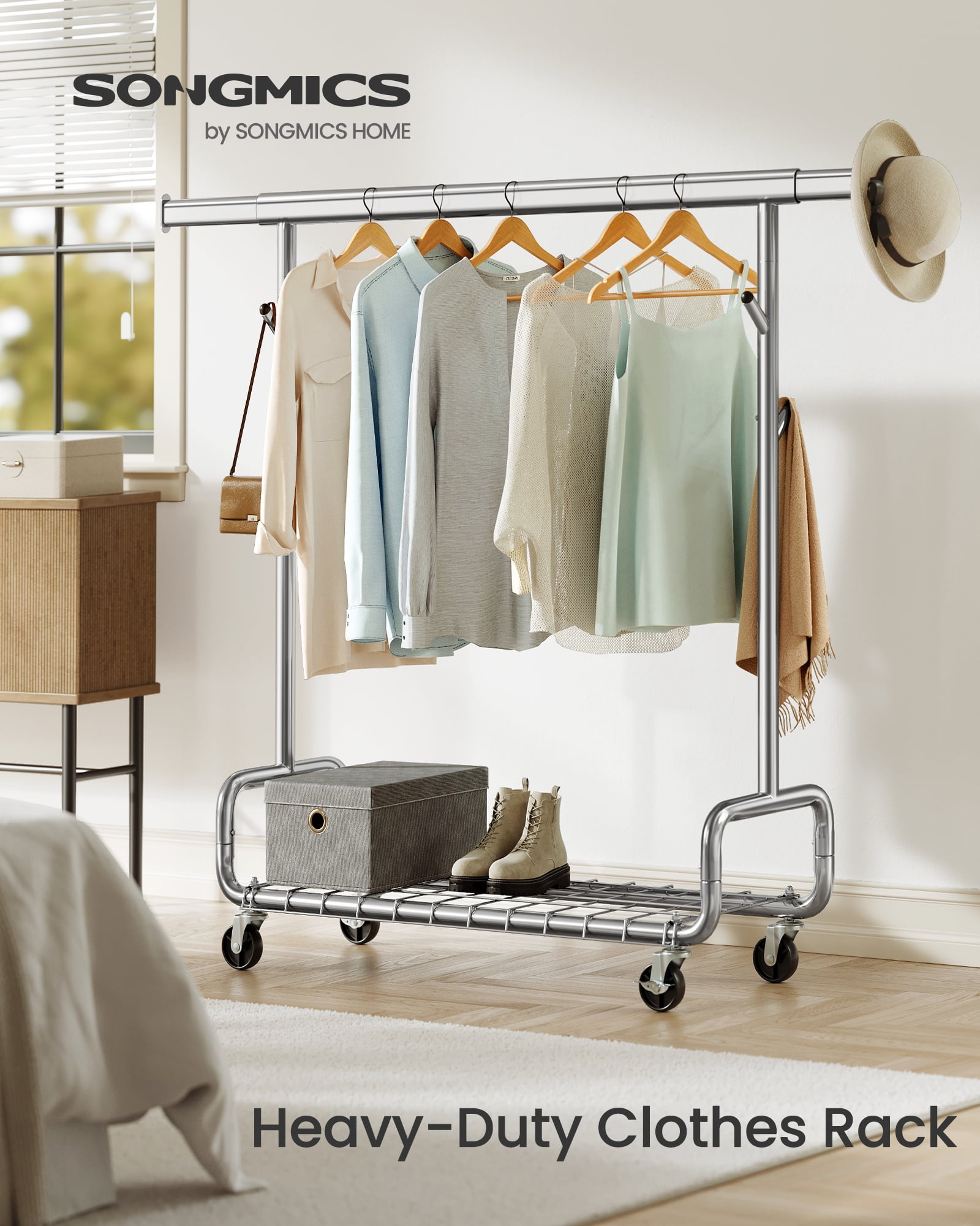 Heavy-Duty Rolling Garment Rack with Extendable Hanging Rod, 440 lb ...
