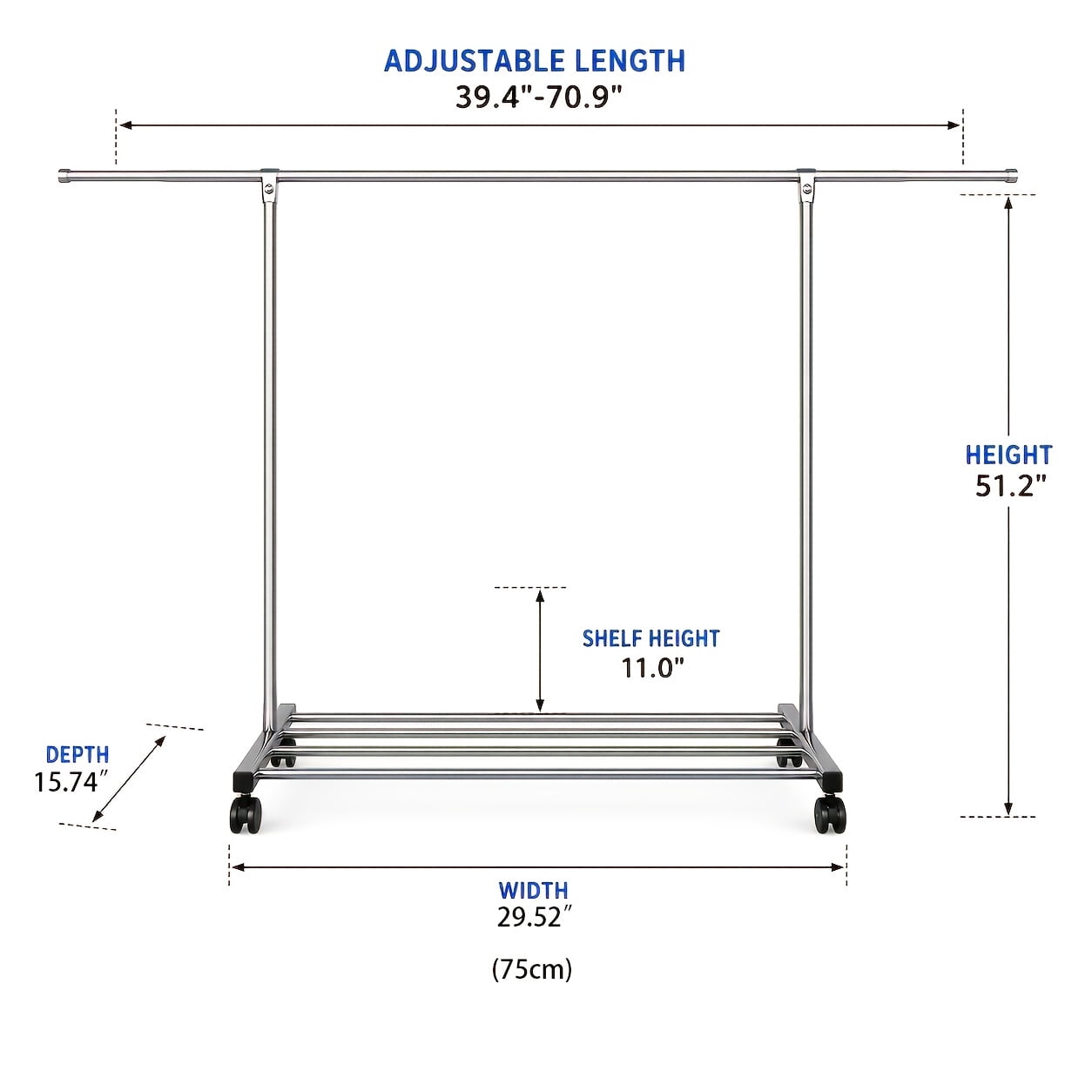 Heavy Duty Rolling Garment Rack with Wheels, Adjustable Stainless Steel ...