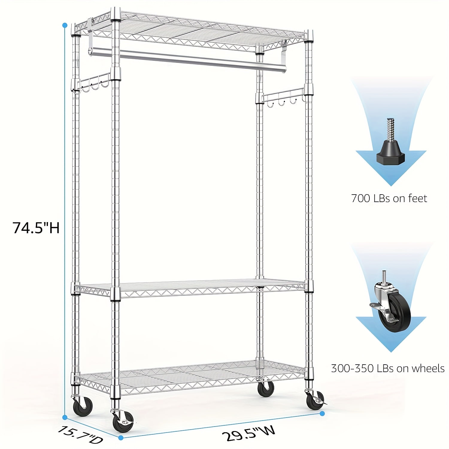 Heavy Duty Rolling Garment Rack with 3 Adjustable Wire Shelves, Hanging ...