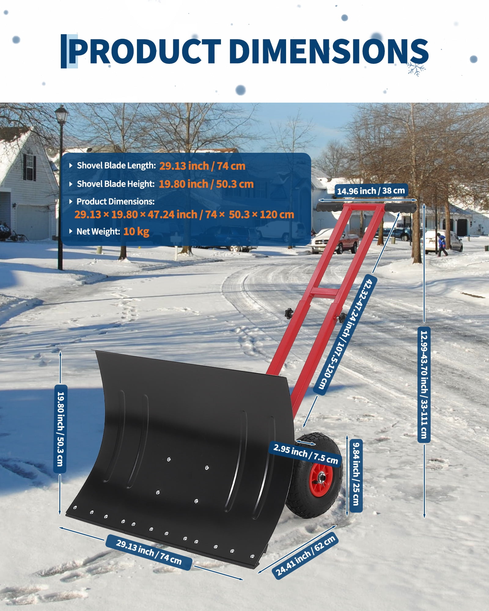 Heavy Duty Rolling Snow Shovel with Wheels - 7-Position Angled Metal ...