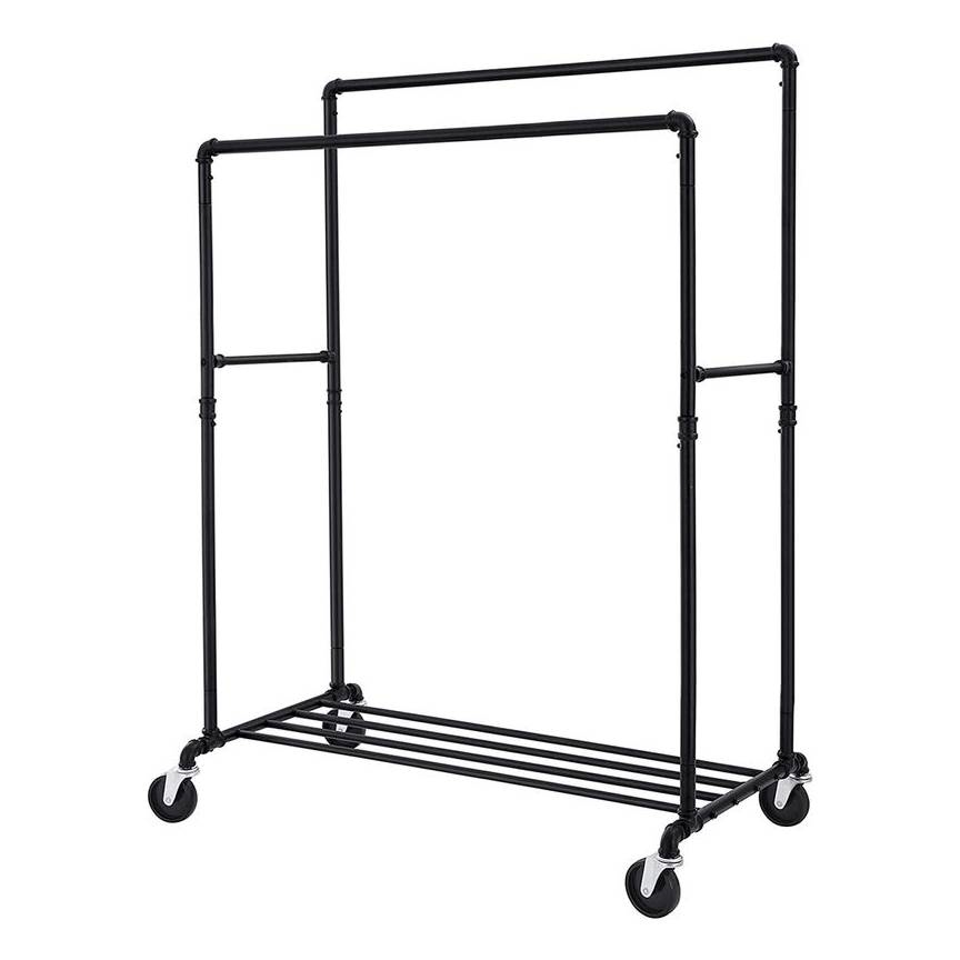 Heavy Duty Rustic Pipe Black Double-Rail Clothes Garment Rack w ...