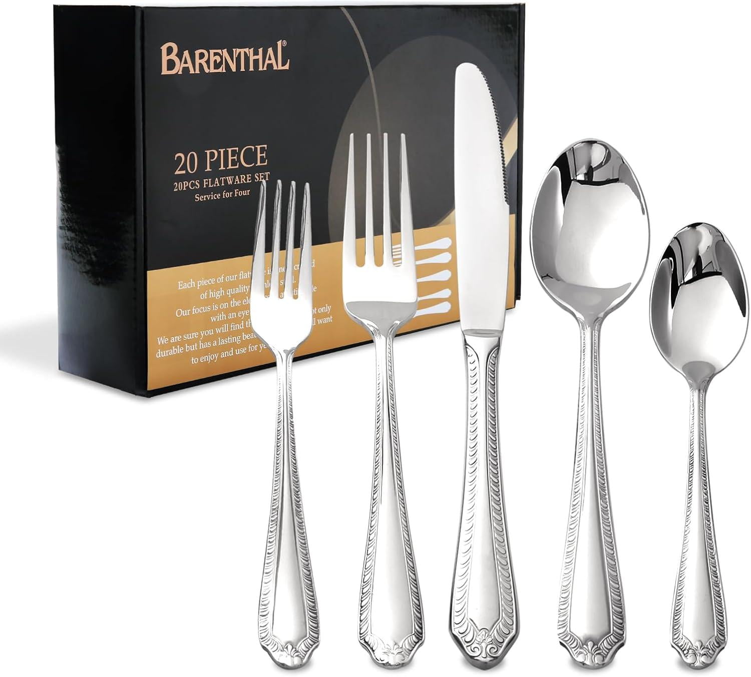 Heavy Duty Silverware Set for 4, Barenthal 20 PCS Luxury Retro Flatware ...