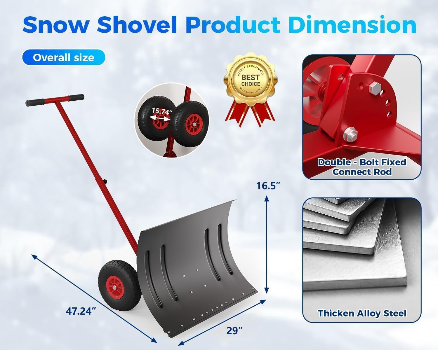 Heavy-Duty Snow Pusher with Wheels, 29" Snow Shovel Plow for Driveway ...