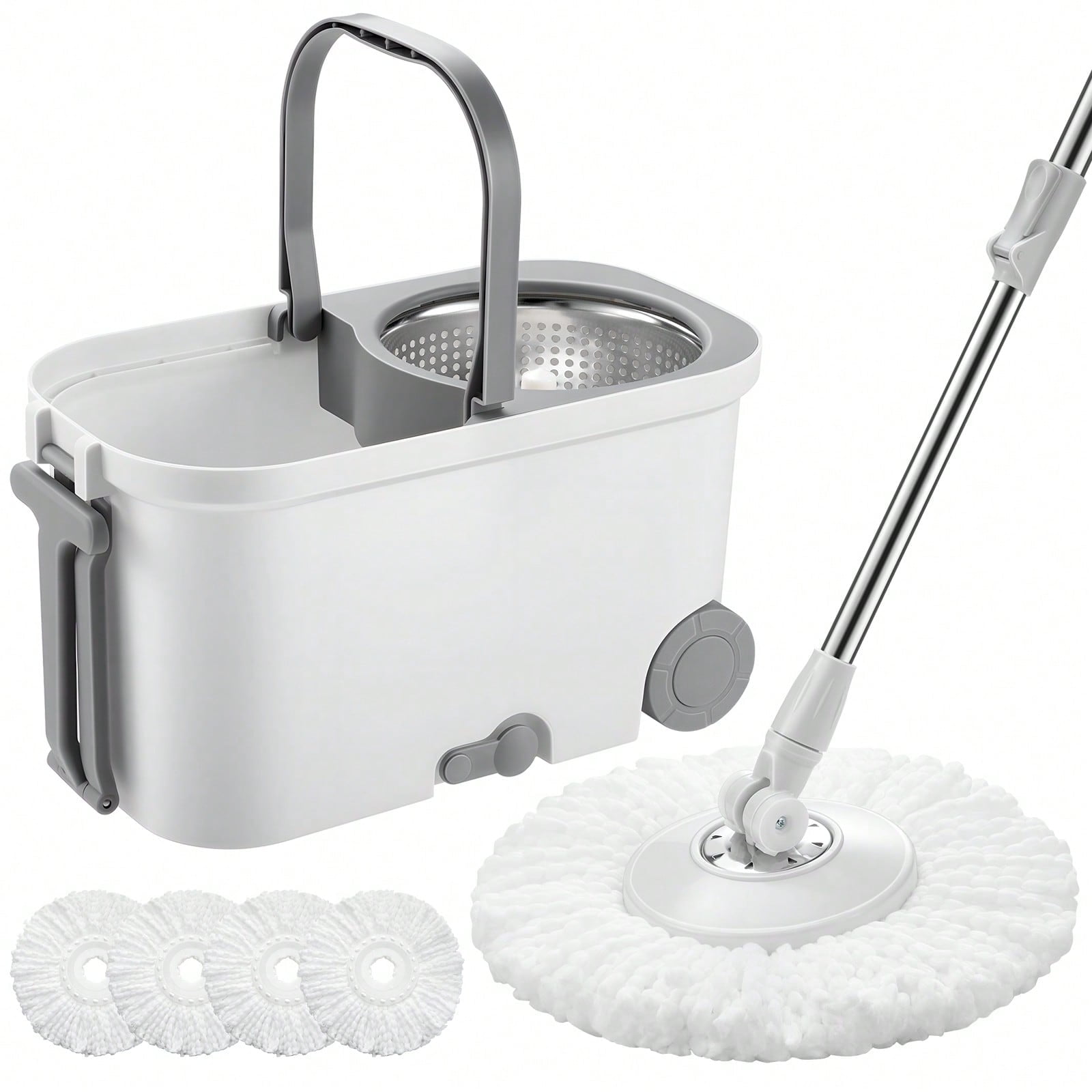 Heavy-Duty Spin Mop System - 360° Spinning Bucket, 4 Microfiber Heads ...