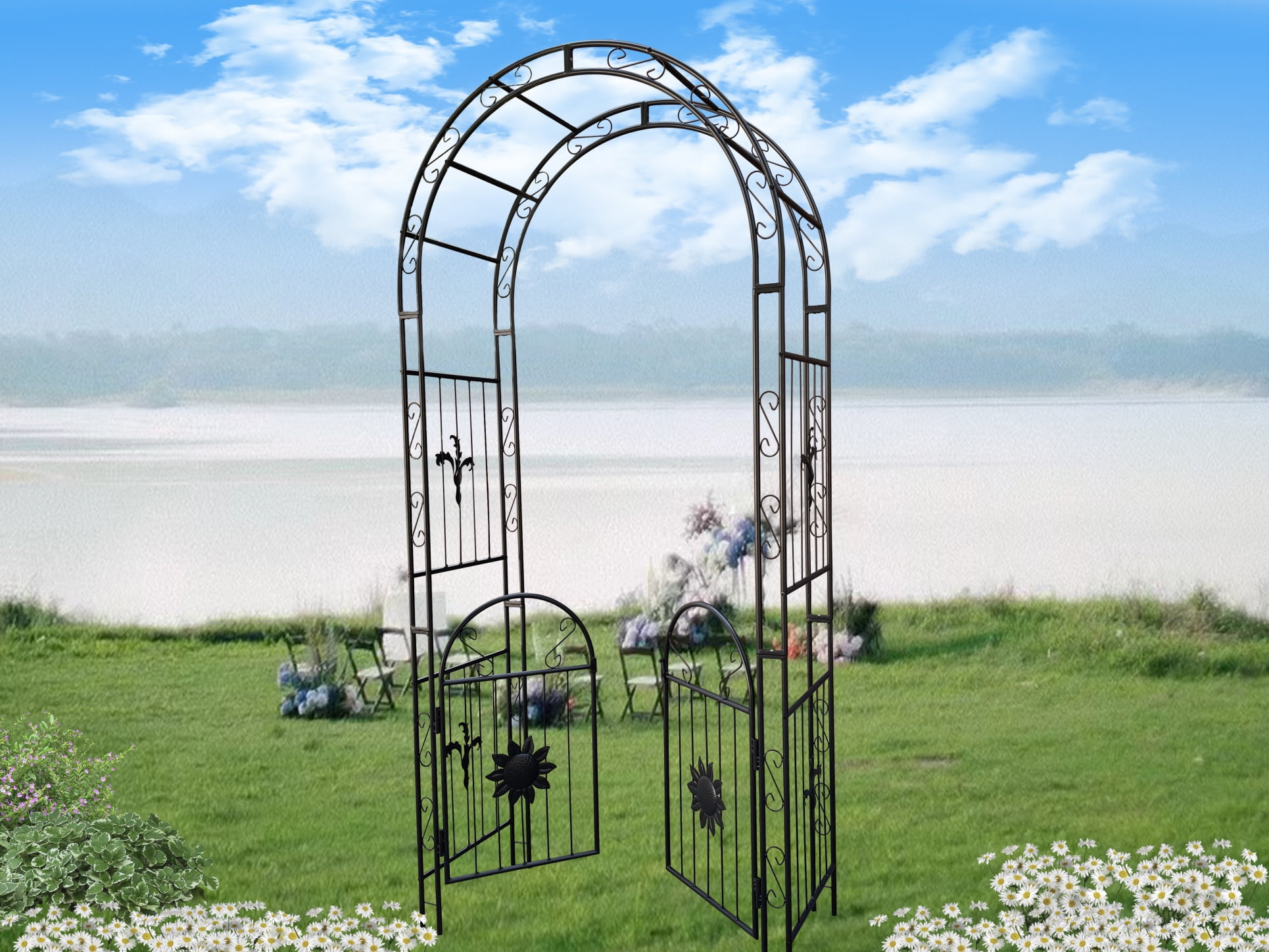 Heavy-Duty Steel Garden Arch with Double Doors & Pre-Drilled Holes for ...