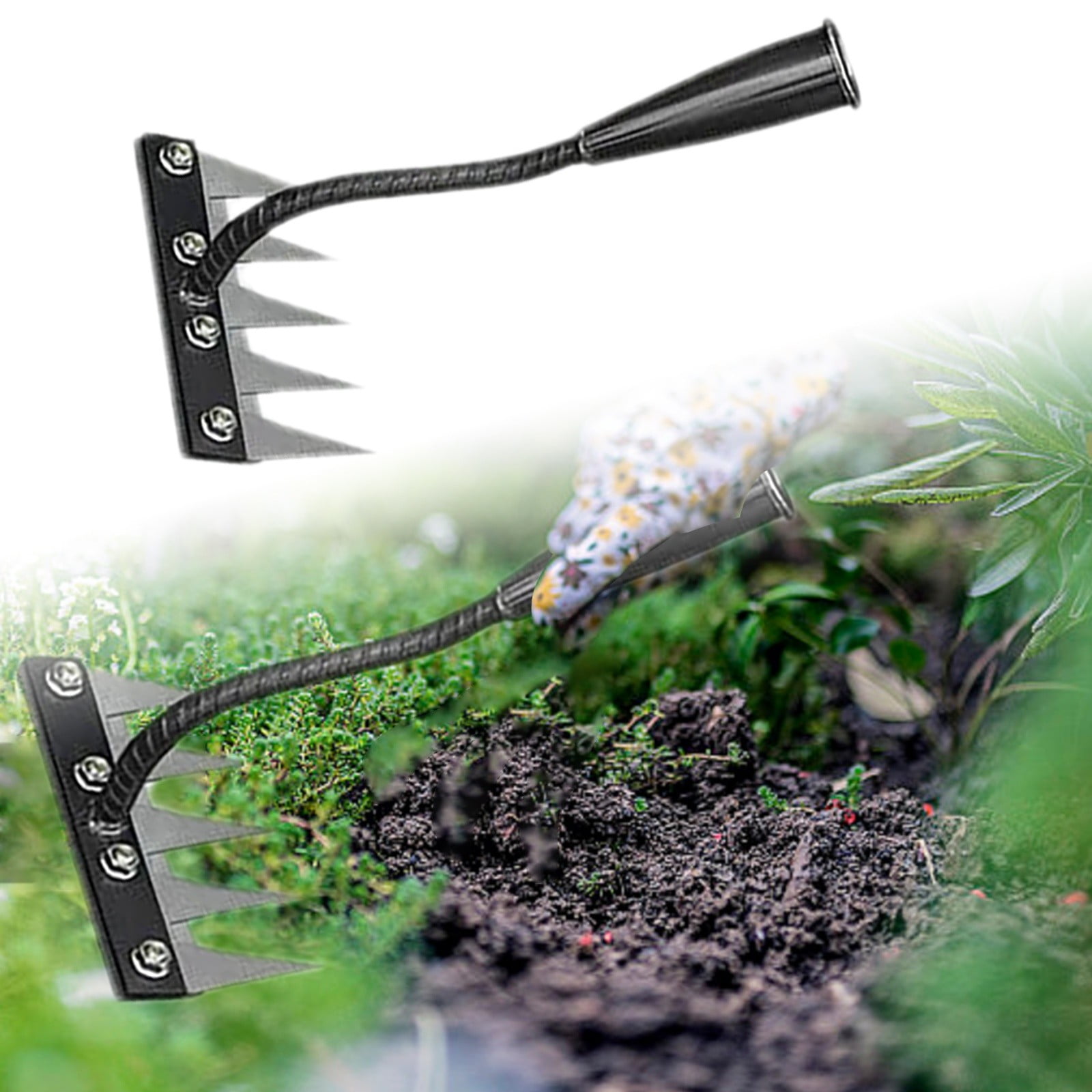 Heavy Duty Steel Garden Rake - 5-Tooth Detachable Weeder & Cultivator ...