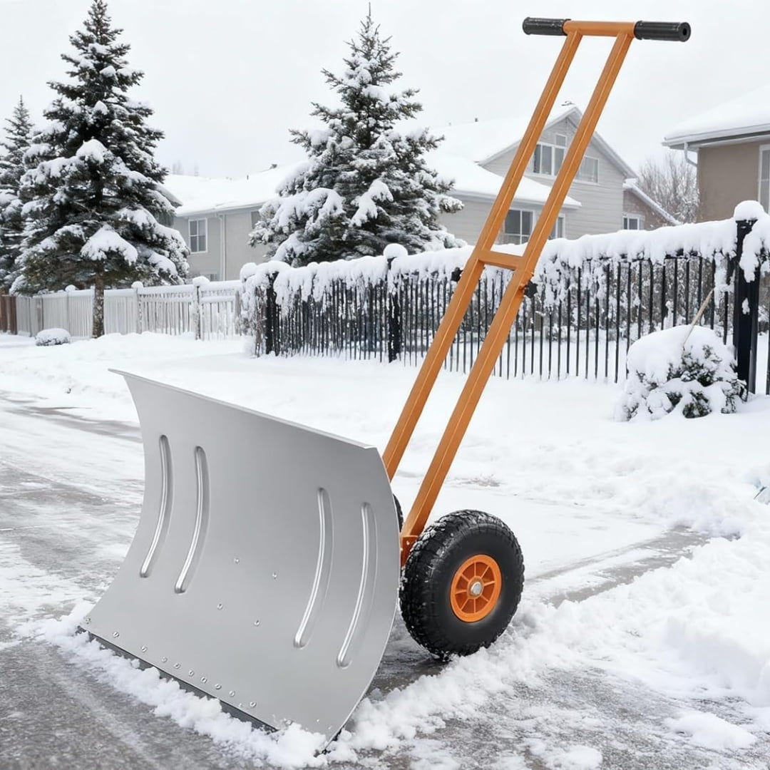 Heavy-Duty Steel Snow Pusher Shovel with Wheels – 29" Angled Blade with ...
