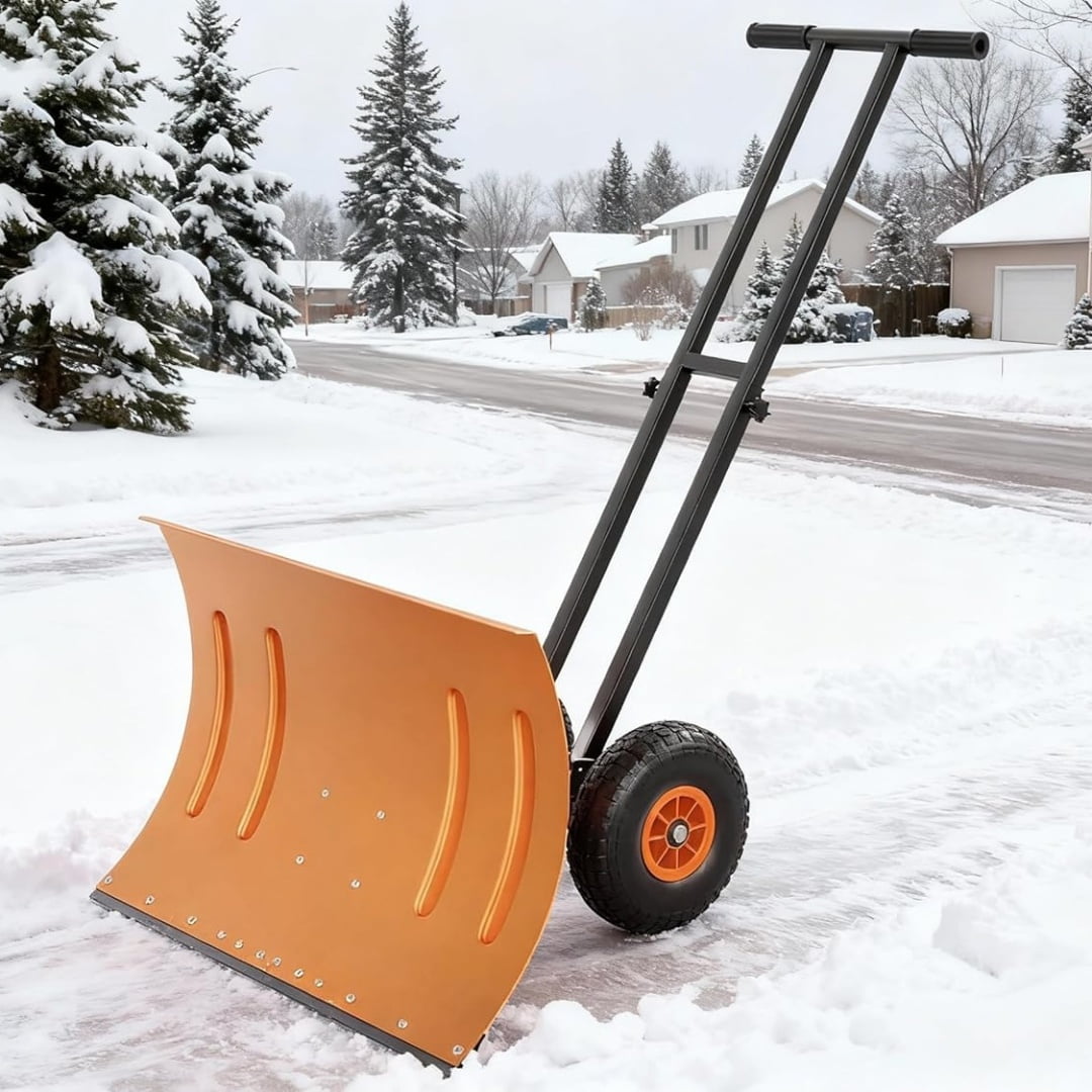 Heavy-Duty Steel Snow Pusher Shovel with Wheels – 29" Angled Blade with ...