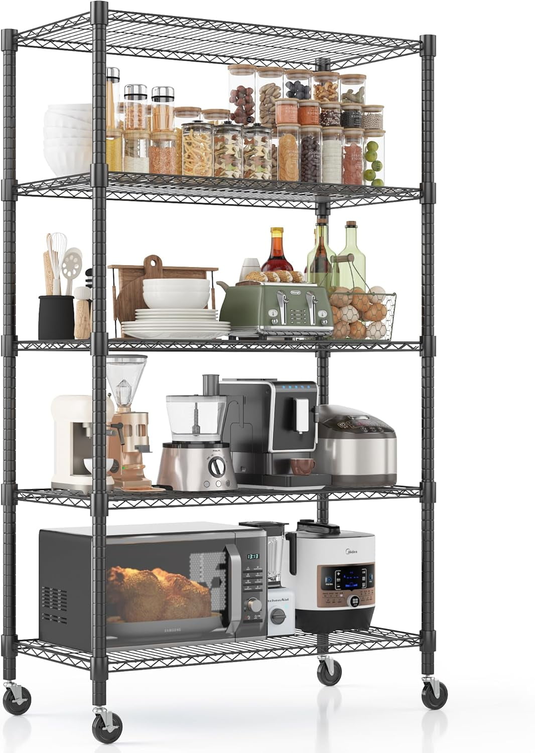 Heavy Duty Storage Shelves 5 Tier Wire Shelving Unit with Wheels ...