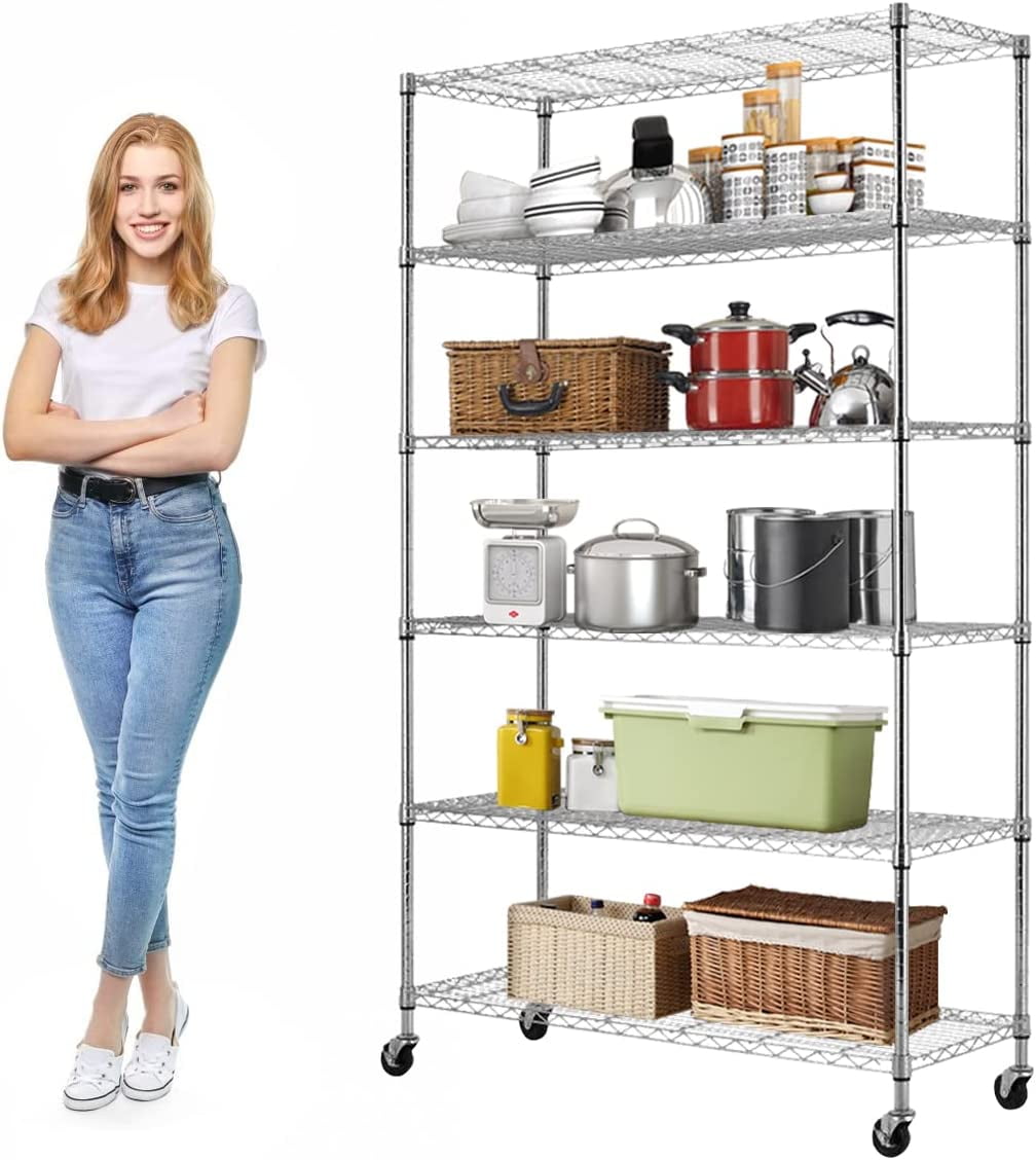 Heavy Duty Storage Shelves Hold 2100LBS Metal Shelves with Wheels Adjustable 6 Tier Wire ...