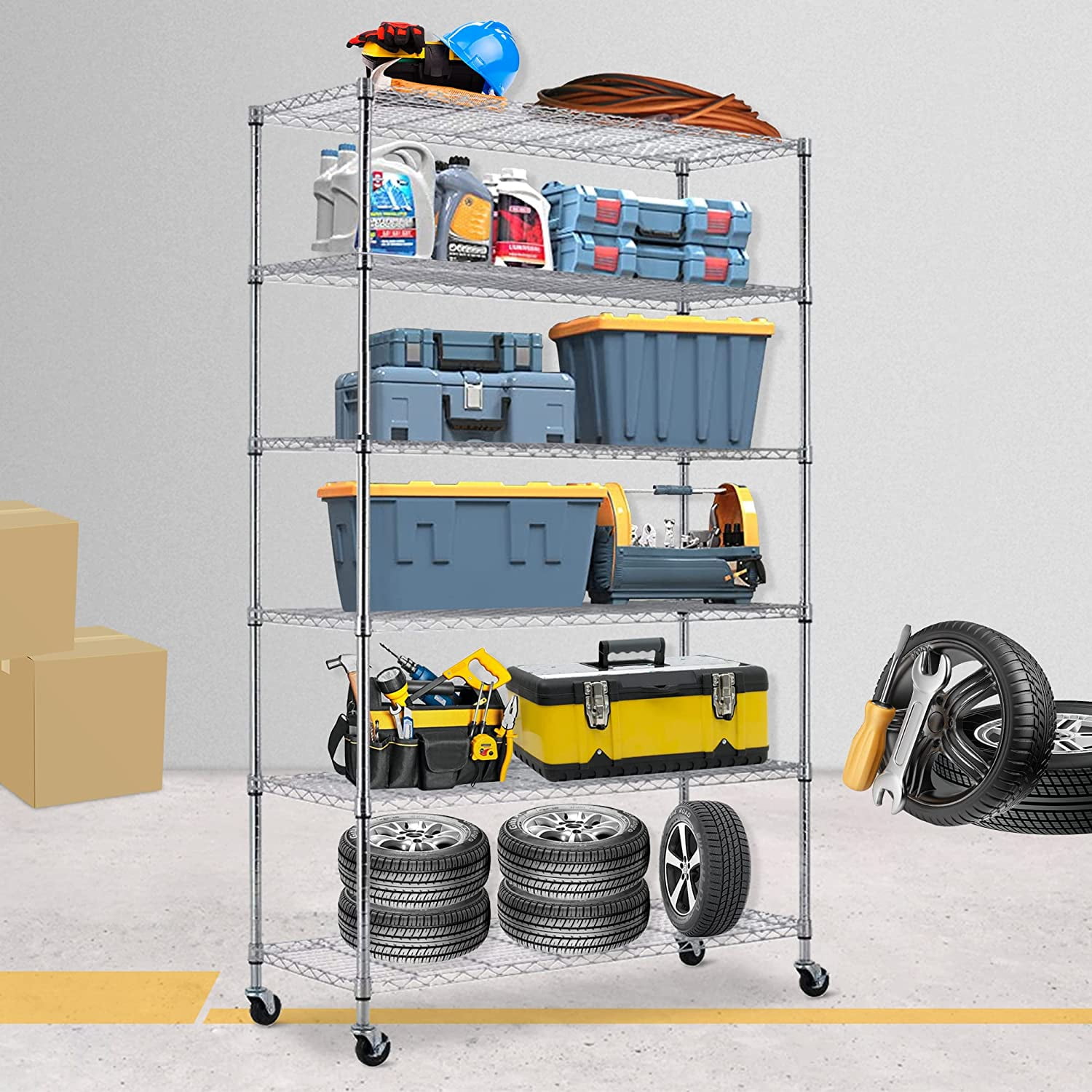 Heavy Duty Storage Shelving Unit w/Wheels, Commercial Steel Organizer ...
