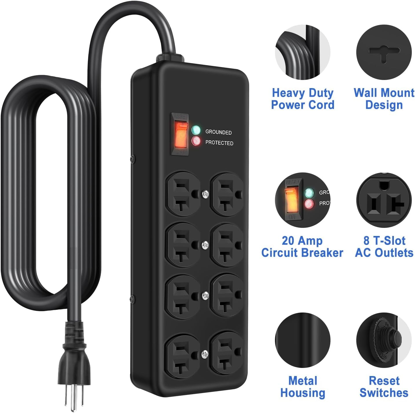 Heavy Duty Surge Protector 20Amp,Metal Power Strip with 8 Outlets,Wall ...