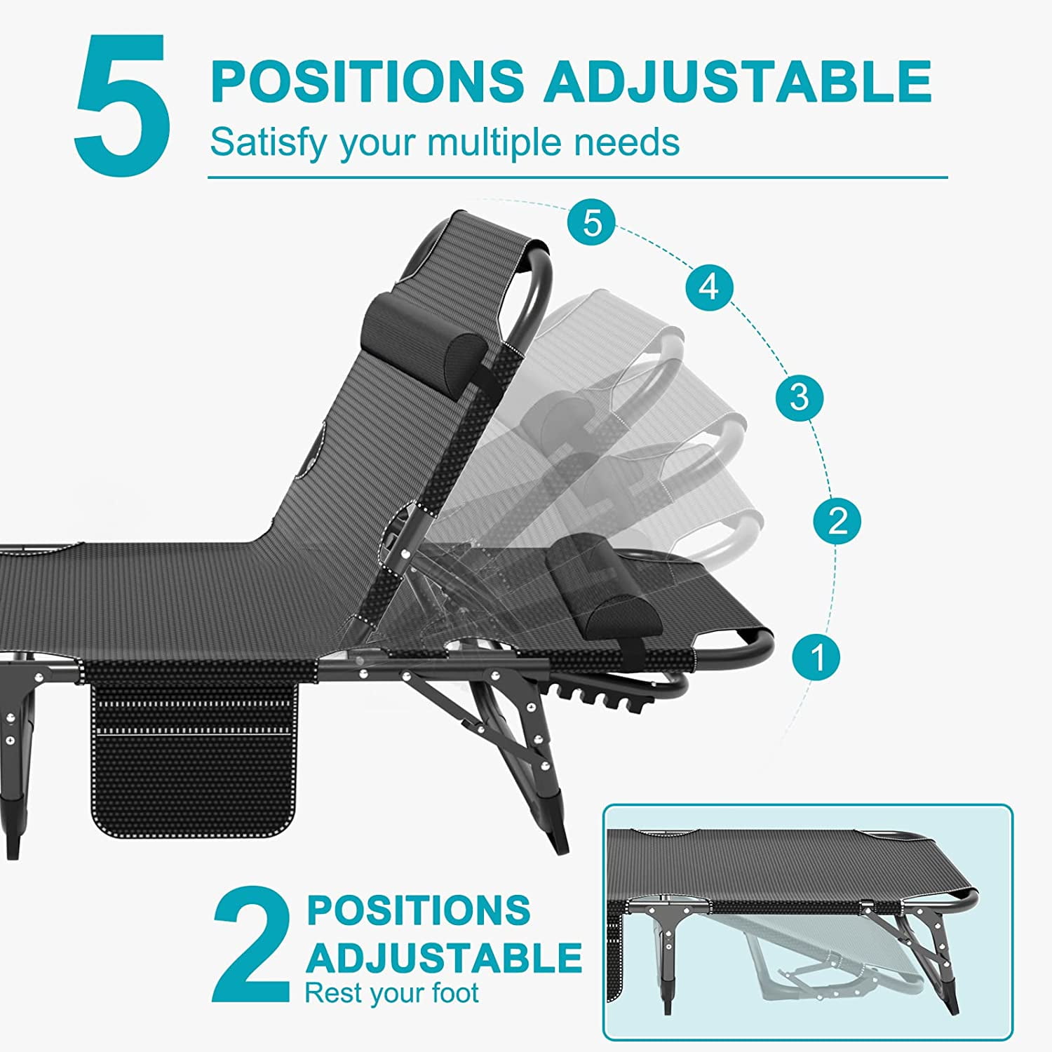 Heavy Duty Tanning Chair, 5-Gear Outdoor Folding Chaise Lounge Chair ...