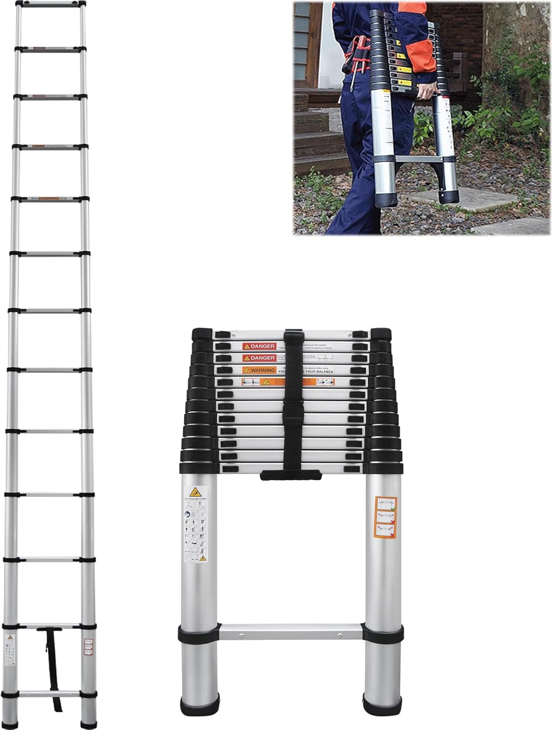 Heavy Duty Telescoping Ladder 12.5FT, Aluminum Alloy Folding Ladder ...
