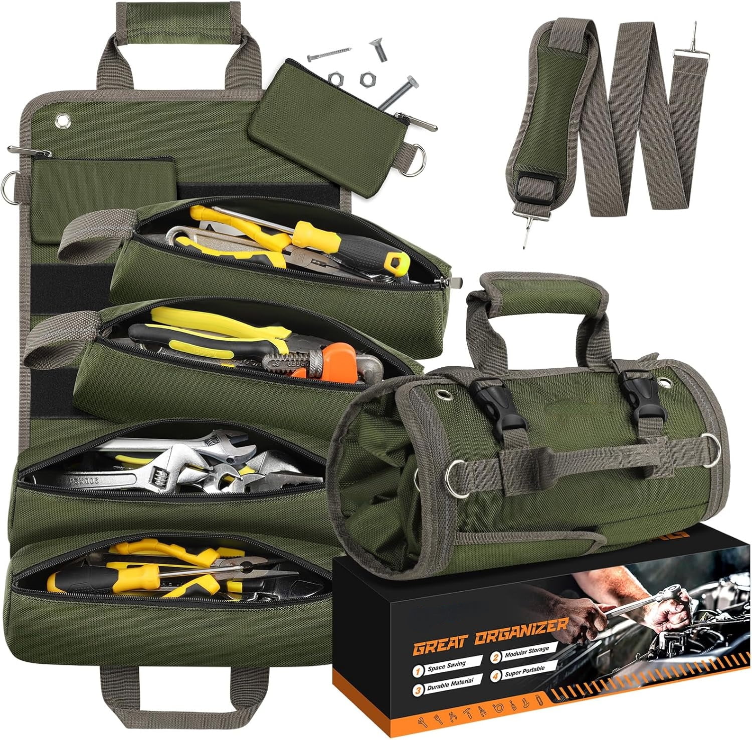Heavy Duty Tool Bag, Roll Up Tool Organizer for Men Women, Portable ...