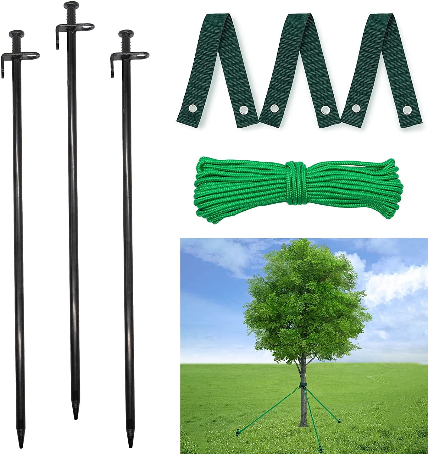 "Maylai Heavy Duty Tree Stakes Kit, 3 PCS 15.8"" Stakes/Straps, 32.8ft ...