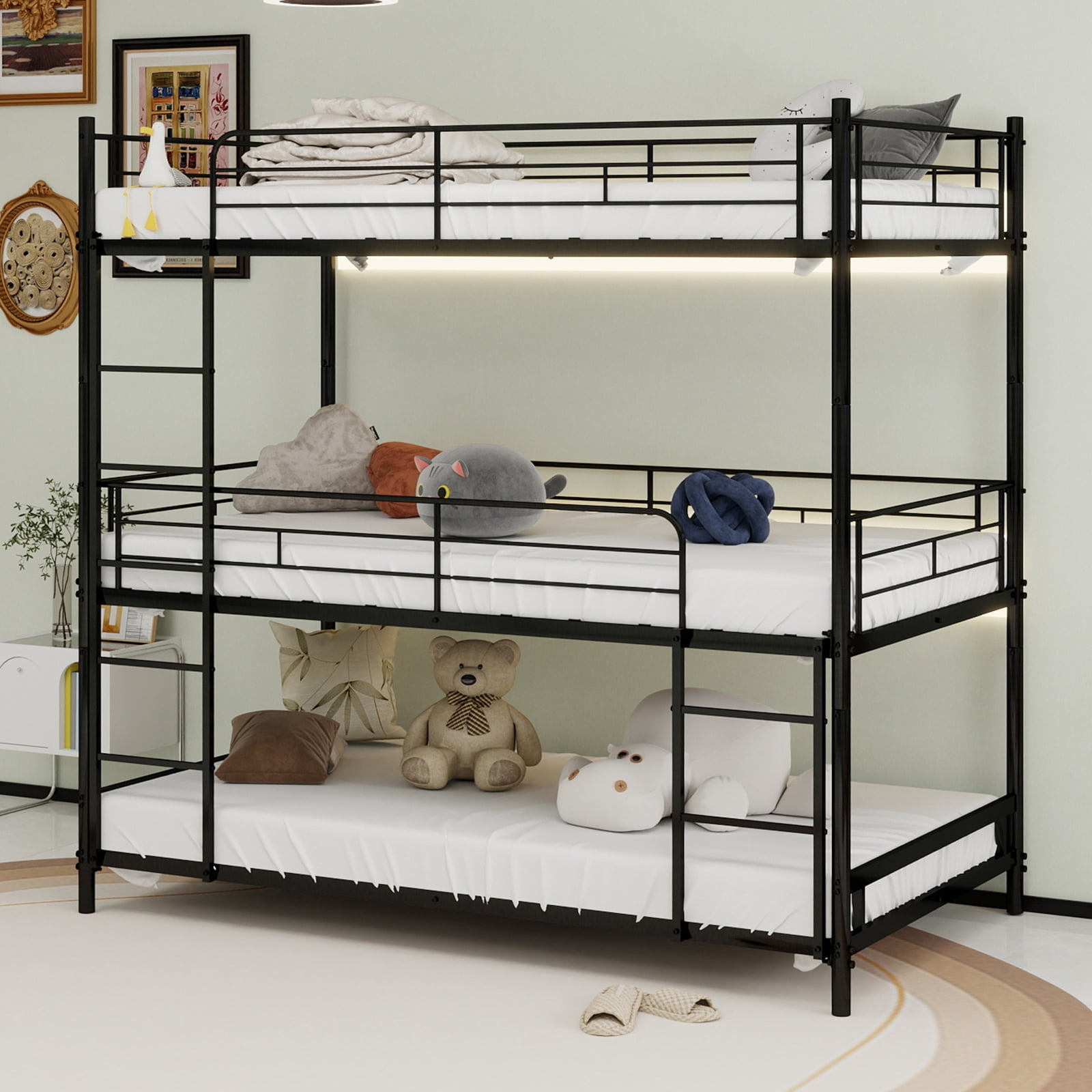 Heavy-Duty Triple Bed Frame with Built-in Ladder and Full-Length ...