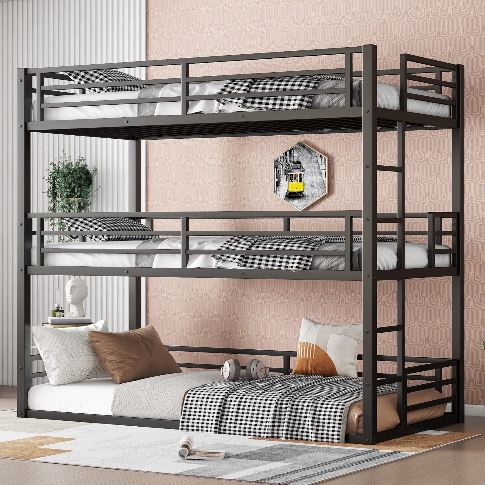 Heavy Duty Triple Bunk Bed, Twin XL Size Metal Bunkbeds with Ladder and ...