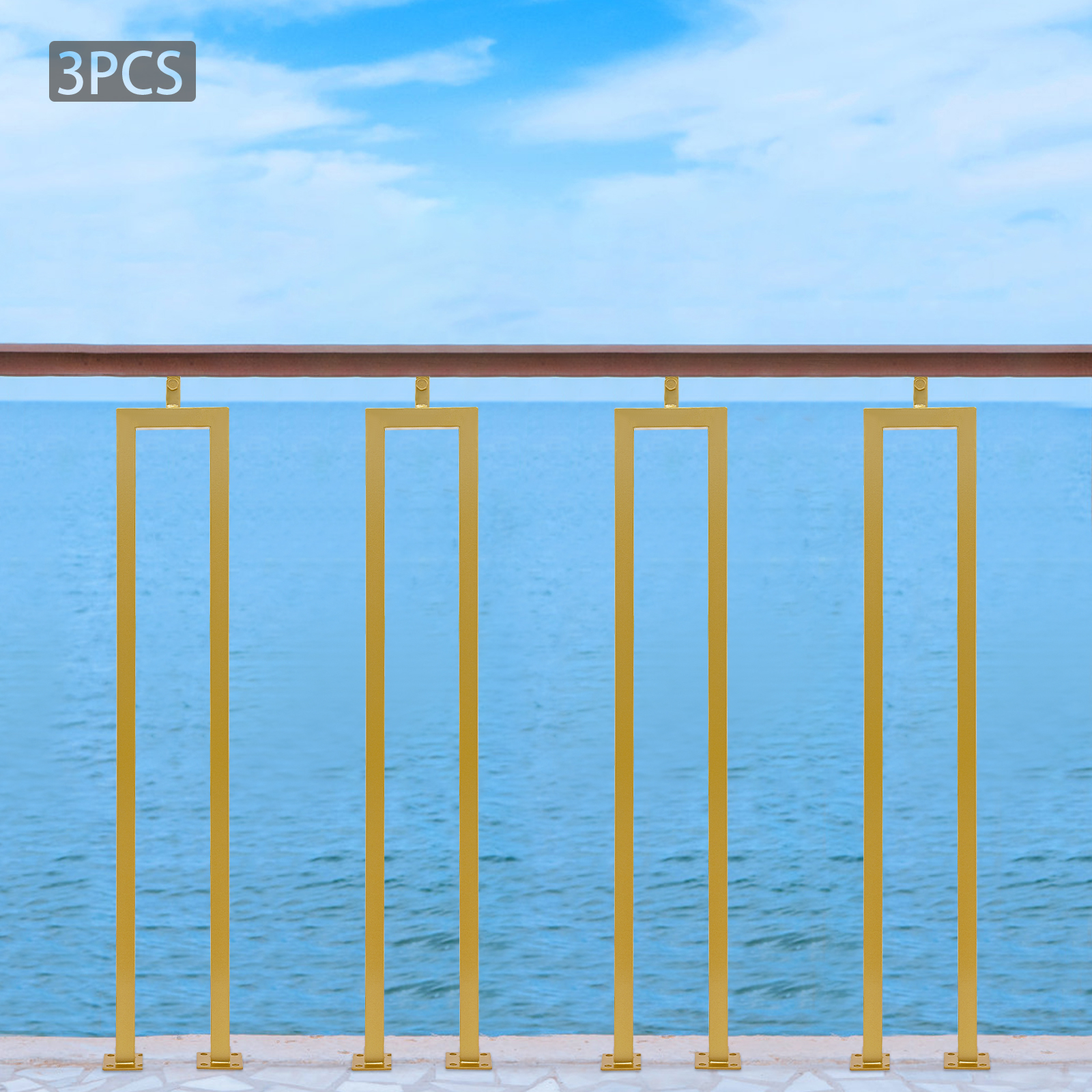 Heavy-Duty U-Shape Handrail System, 3x Gold Carbon Steel Posts, 45 ...