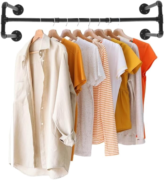 Heavy Duty Wall Mounted Closet Rod, 39.37in Industrial Black Iron ...