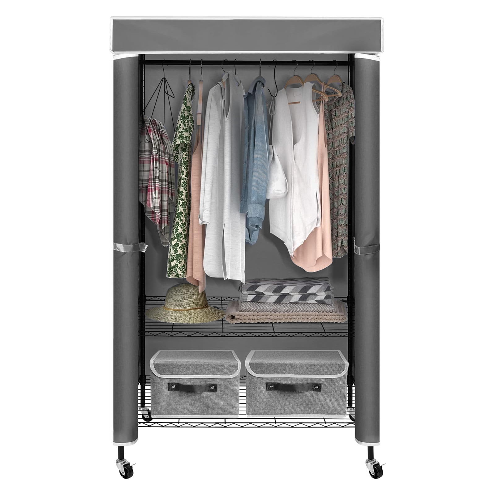 Heavy Duty Wardrobe Rack with Gray Dust Cover, Rolling Clothes Rack for ...