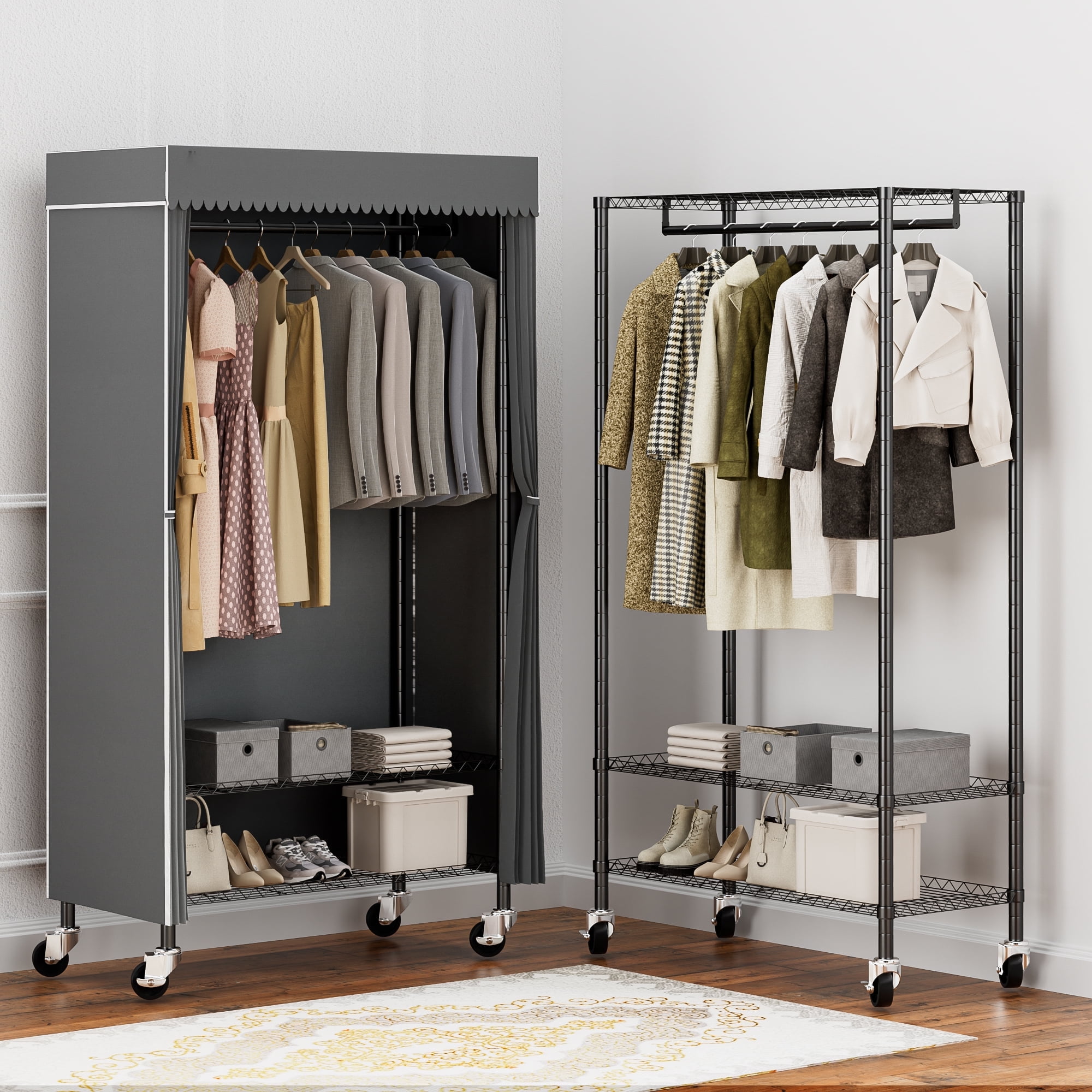 Heavy Duty Wardrobe Rack with Gray Dust Cover, Rolling Garmet Racks ...
