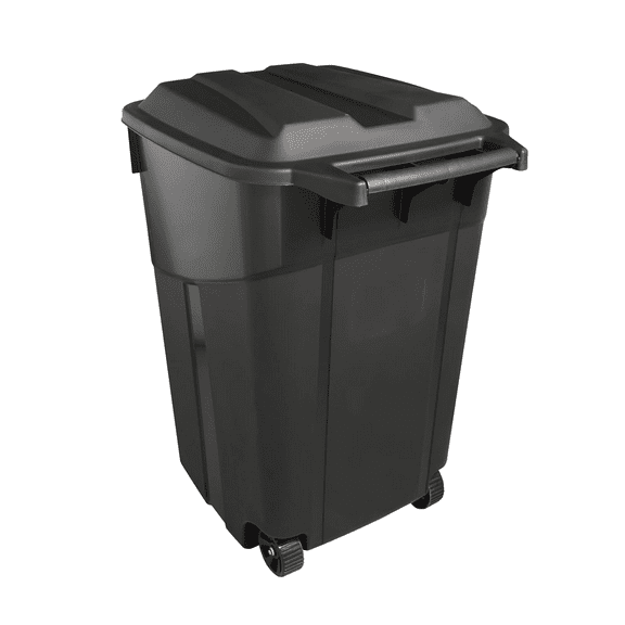 32 Gallon Wheeled Heavy Duty Plastic Garbage Can, Attached Lid, Black ...