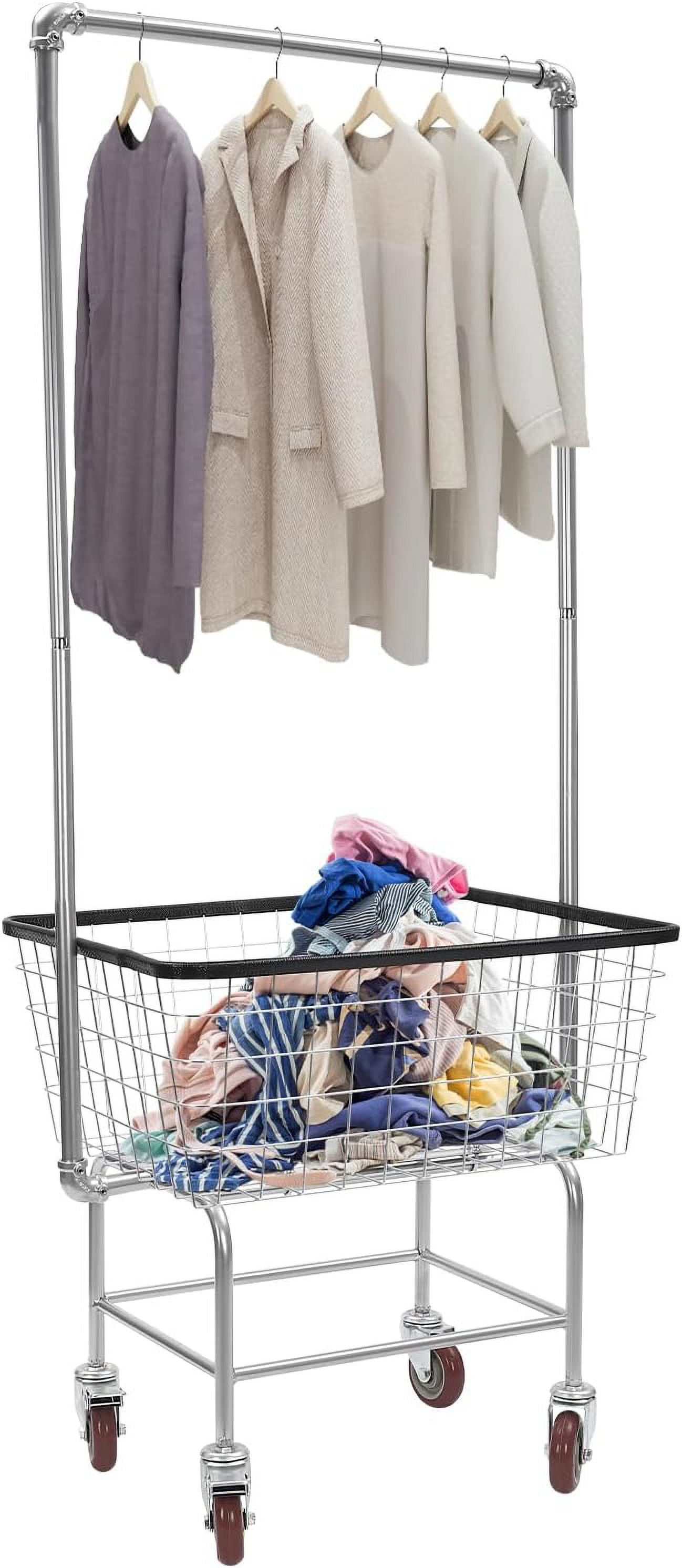 Heavy Duty Wire Laundry Cart,Laundry Ba-sket w/Garment Rack,Laundry ...