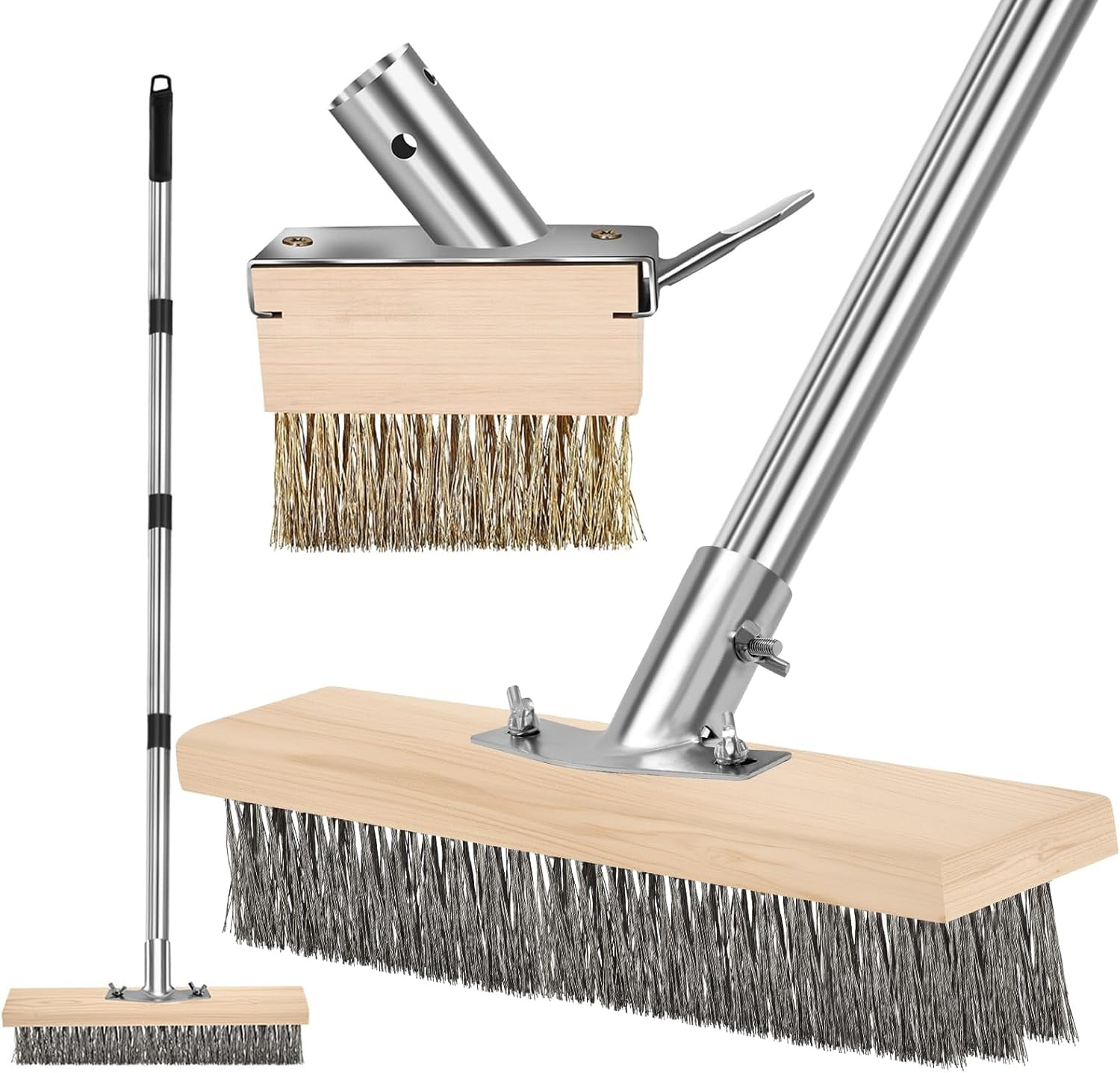 Heavy Duty Wire Push Broom with Crack Weeder Brush Set, Multifunction ...