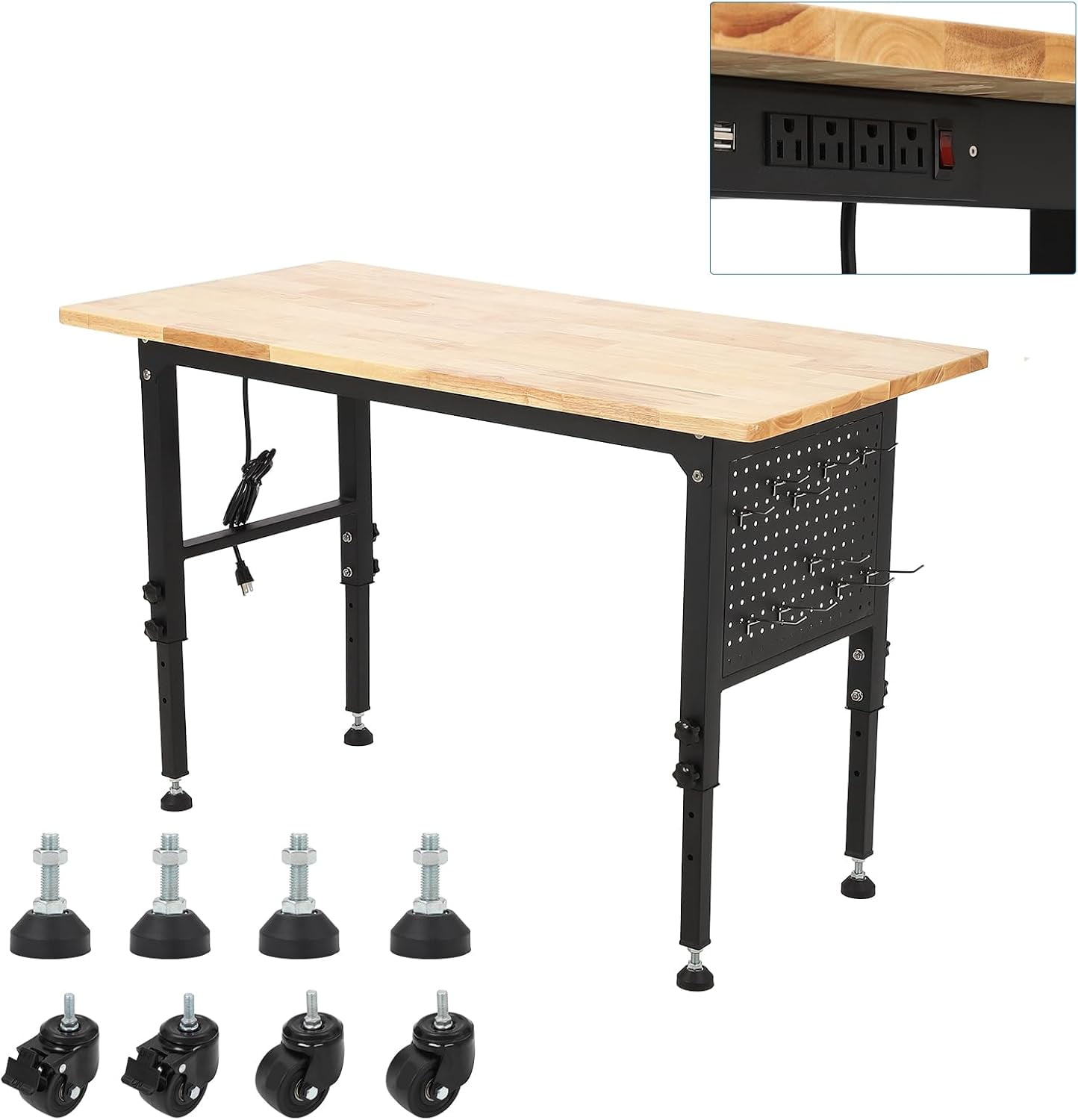 Heavy Duty Wood Workbench with Wheels,Power Strip & Pegboard | 48"x24 ...