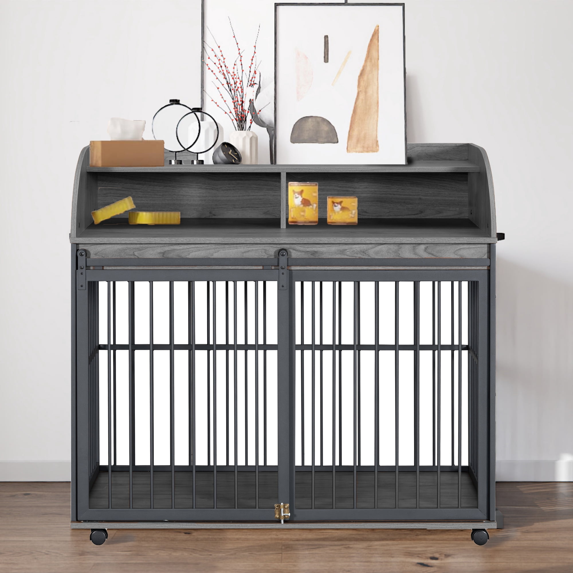 Heavy Duty Wooden Dog Crate Furniture with Lockable Wheels & Storage ...